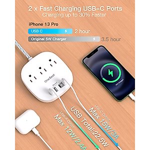 USB C Power Strip, 3 Outlet Multi Plug Outlet Extender, 5 Ft Extension Cord with Multiple Outlet with No Surge Protection