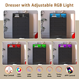 Wodeer 5 Drawer Dresser with Charging Station,LED Dresser for Bedroom,Chest of Drawers with Deep Drawers, Wood Dresser for Storage and Organization for Bedroom,Living Room, Hallway,Black