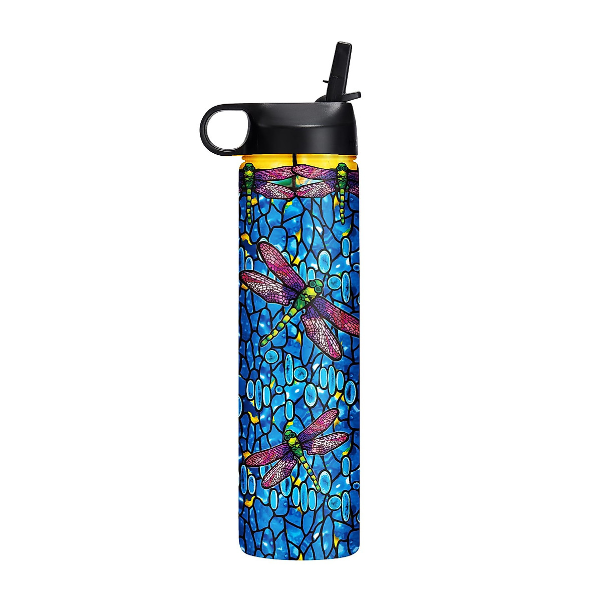 RainCaper 18/8 Stainless Steel Insulated Water Tumbler with Straw | 24oz, BPA-Free, Double Wall for Hot & Cold | Travel-Friendly, Cup Holder Ready (Tiffany Dragonfly - Purple)