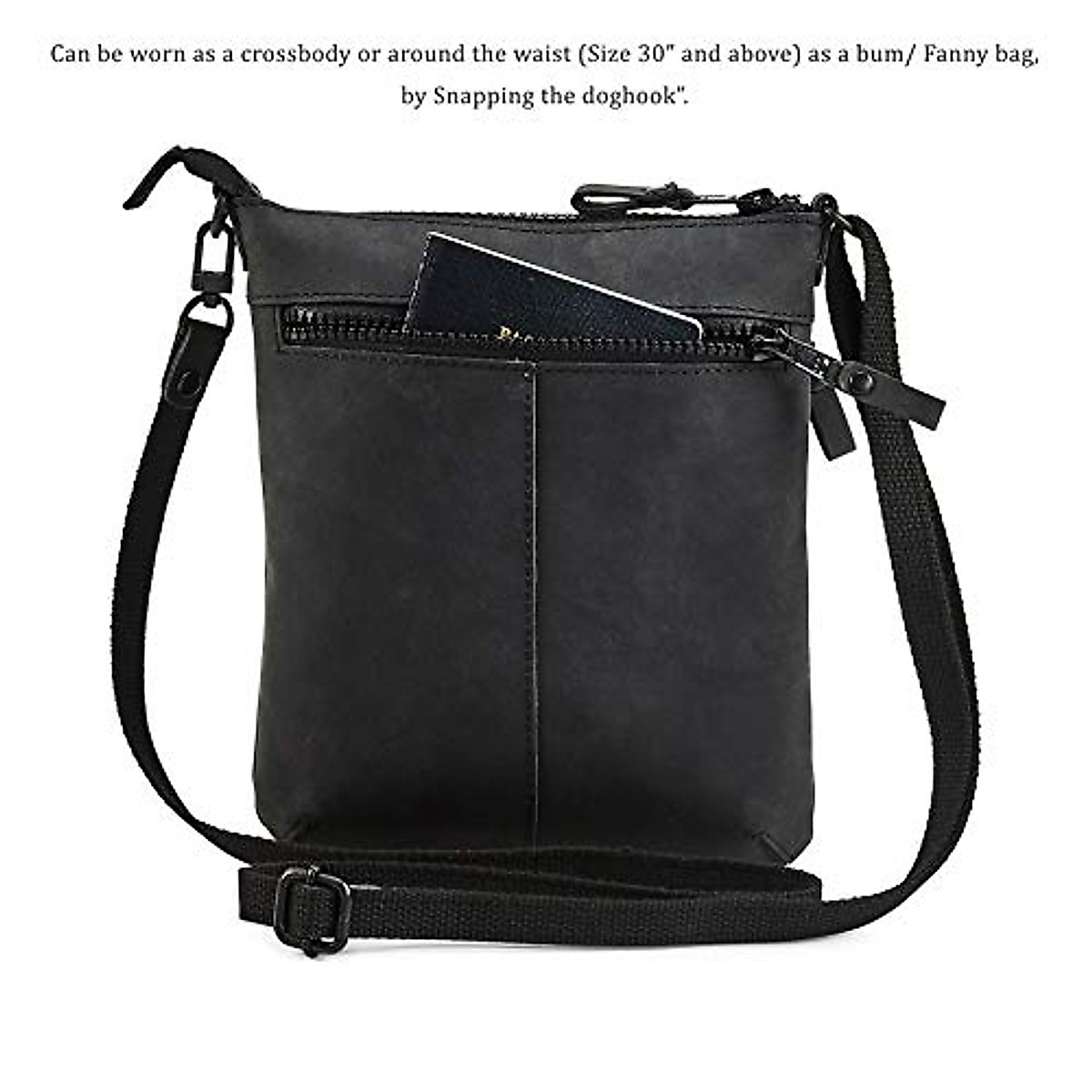 Cochoa Small Triple Zip Real Leather Women's Crossbody- Premium Vintage Crossover Shoulder Sling Bag (8" x 7" x 1.5", Black Crazy Horse)