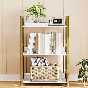 White and Gold Bookshelf, 3 Tier Small Bookcase for Small Spaces, Narrow Gold Bedside Book Shelf, Short Bookshelf Storage Organizer for Bedroom, Living Room, Home, Office, 120 lbs Weight Capacity