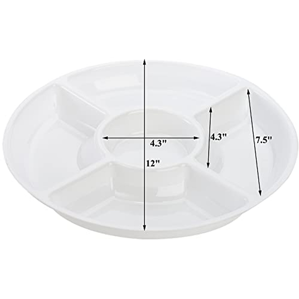 Okllen 12 Pack 5 Sectional Round Plastic Serving Tray, 12" Divided Candy Nut Serving Plate, Veggie Fruit Dish Platter Appetizer Tray for Dried Fruit, Snack, Desserts, Black & White