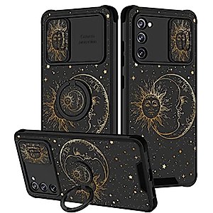 Goocrux (2in1 for Samsung Galaxy S20 FE 5G Case Sun and Moon for Women Girls Cute Stars Space Phone Cover with Slide Camera Cover+Ring Holder Fashion Golden Print Design Cases for S20FE 6.5''