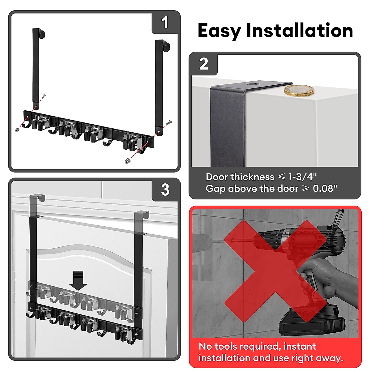 Over Door Broom and Mop Hanging Holder with Movable Sliding 4 Rack 5 Hook, Metal Mop and Broom Holder Wall Mount with 2 Over Door Hook, Door Mount Storage Organizer for Closet Garage Laundry Cabinet