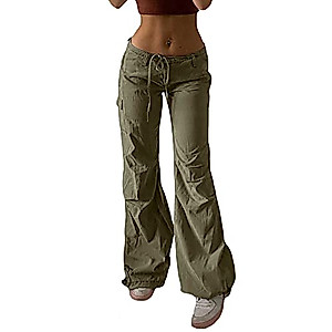 Women's Low Waist Cargo Casual Solid Color Harajuku Vintage Y2k Low Rise Baggy Jogger Relaxed Cinch Pants Army Green Large