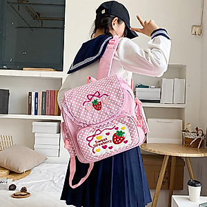 Aobiono Kawaii Strawberry Backpack Mini Cute Anime Aesthetic Pink Lace Polka Dot Small Bookbag Japanese Cartoon Fruit Bag