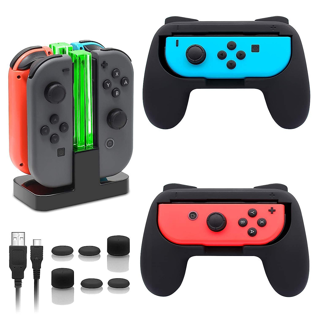 FastSnail Charging Dock and 2 Pack Switch Grips Kit for Nintendo Switch Joy Con & OLED Model, Charger Stand Station with Charging Cable, Wear-Resistant Grip Controller with 6 Thumb Grip