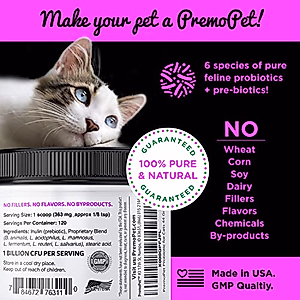 PROBIOTIC for Cats – 120 Servings - Premo Pet – Digestive Aid Plus Prebiotics - Best for Diarrhea, Vomiting, Gas, Skin Conditions – Tasteless – Wheat & Dairy Free – GMP – Vet Approved
