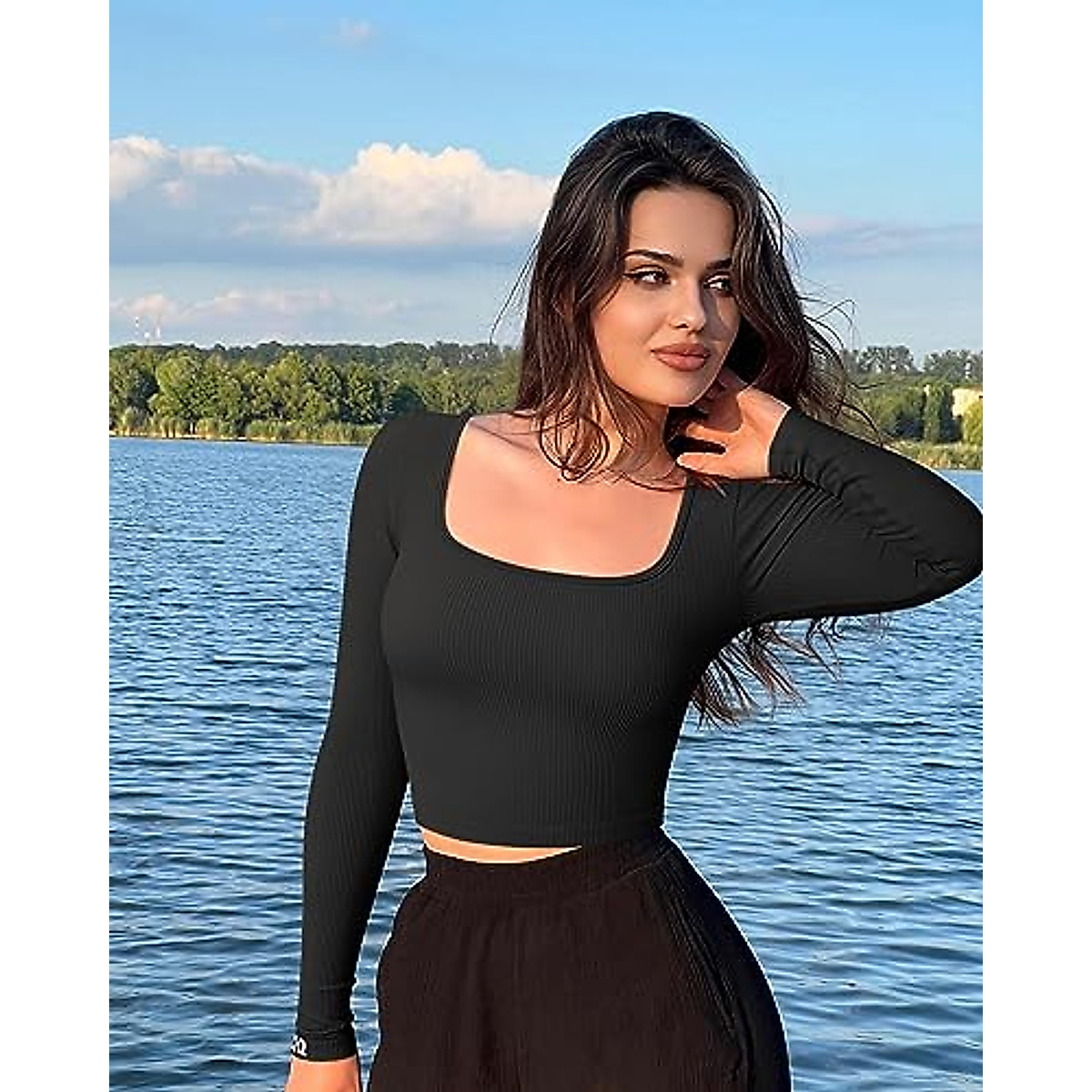 OQQ Women's 2 Piece Crop Shirt Long Sleeve Square Neck Underscrubs Stretch Fitted Layer, Black,beige, Large