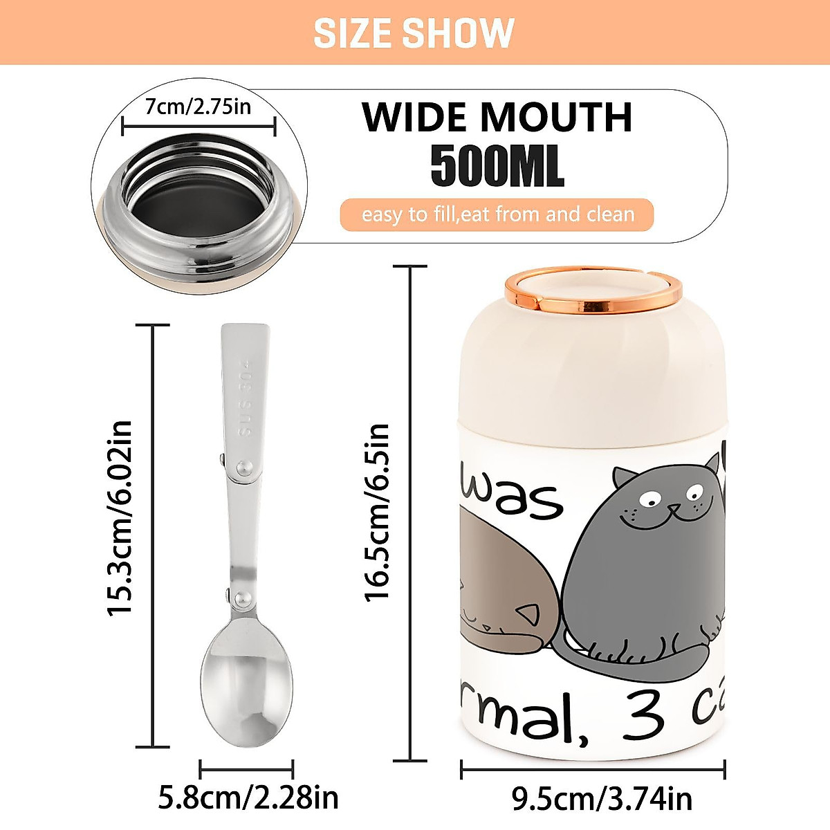 CUPADA Cute Different Cats Food Jar, Funny Quote Insulated Hot Food Jars Vacuum 17OZ with Folding Spoon for Work Trip Picnic Camping