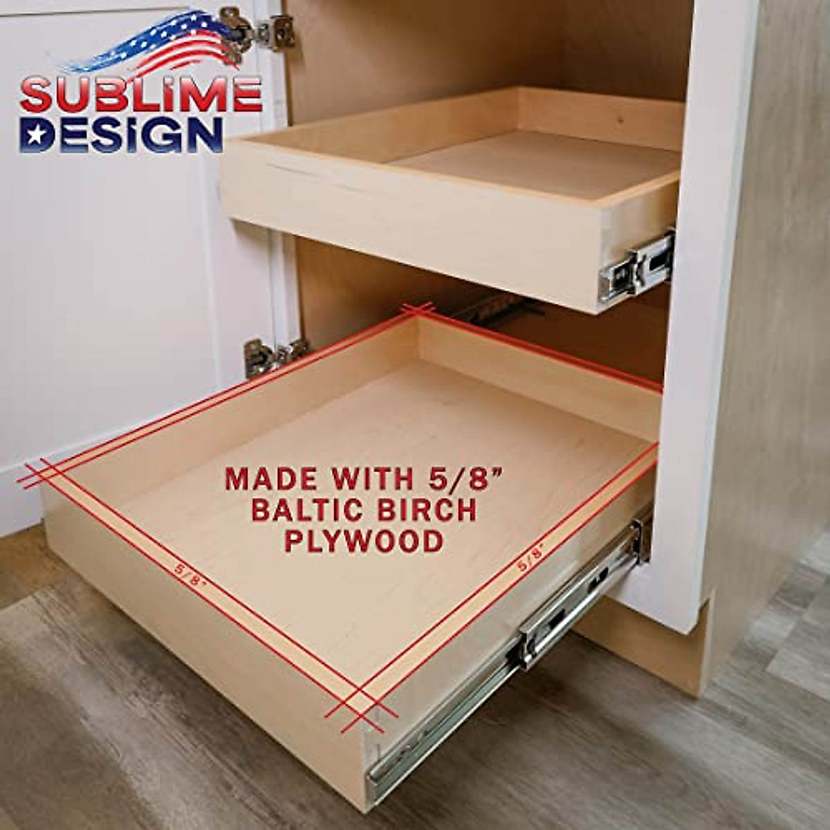 Sublime Design | Pull Out Tray | Side Mount | Baltic Birch Drawer for Kitchen Cabinets | Slide Out Shelves | Roll Out Cabinet Organizer (15" Wide)