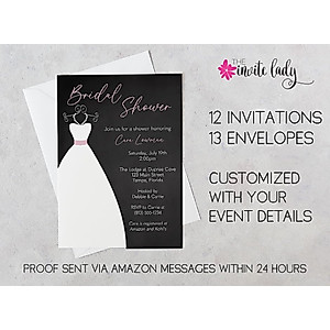 Chalkboard Bridal Shower Invitations Pink Black White Invites Wedding Dress Gown Blackboard Party Shower Customized Custom Printed Cards (12 Count)