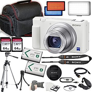 Sony ZV-1 Digital Camera (White) + 2X 64GB Memory + LED Video Light + Case + Filters + Tripod & More (25pc Bundle) (Renewed)