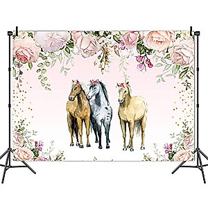 Pink Flower Countryside West Cowboy Cowgirl Horse Party Photo Backdrops 5x3ft Children Boy or Princess Girl Birthday Photography Background Baby Shower Party Supplies Banner Cake Table Decor Vinyl