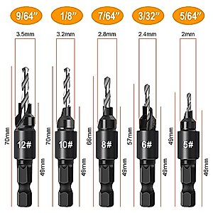 Countersink Drill Bit Set, Woodworking Chamfered Adjustable Counter Sinker Tools on Counter Sink Holes with 1/4" Hex Shank for DIY Woodworking with One L-Wrench