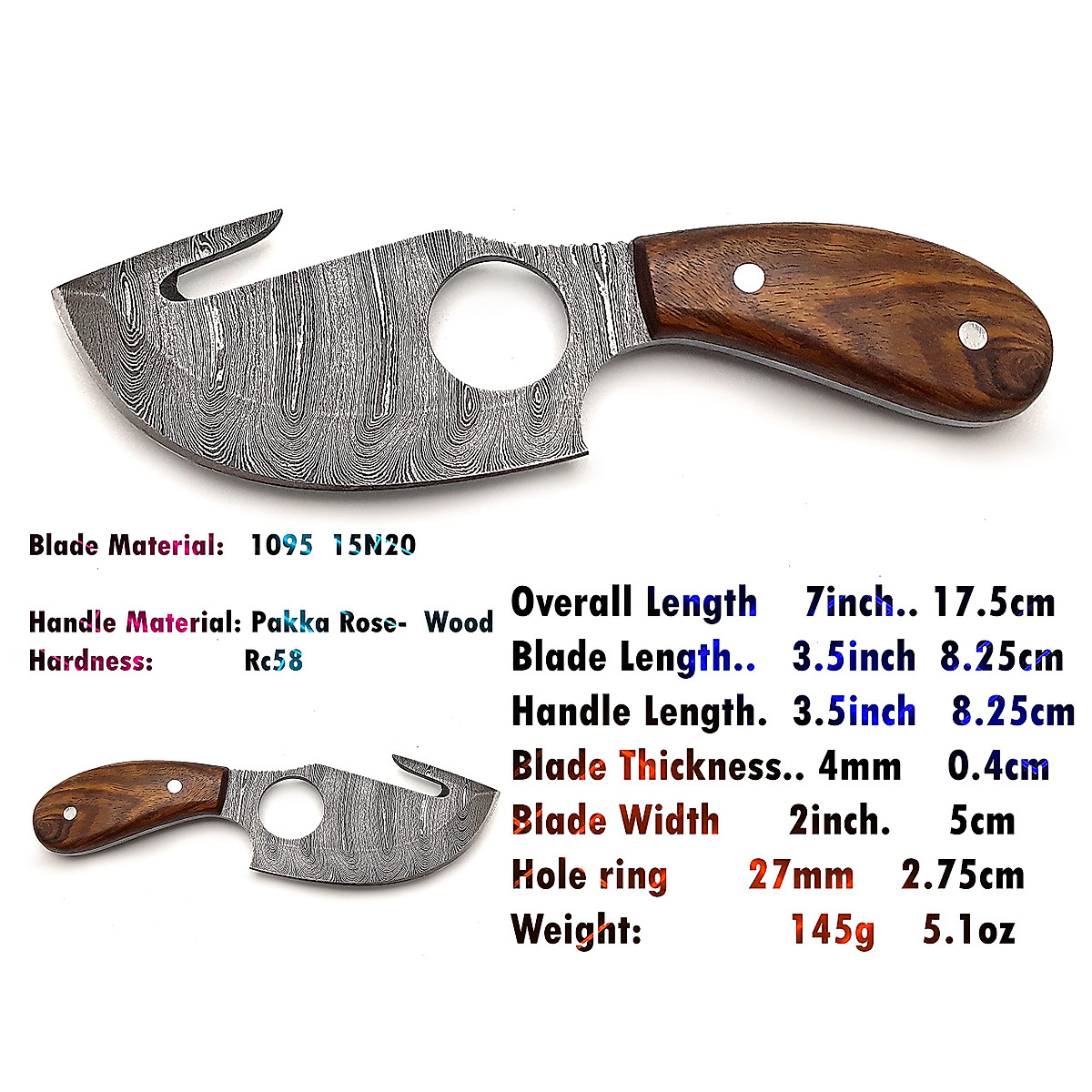 Bushcraft Handmade Damascus Steel Fixed Blade Skinning Hunting Knife With Gut Hook Best For Outdoor Camping Skinner Deer Fishing Hiking Edc Survival Knives For Men (Rose Wood)