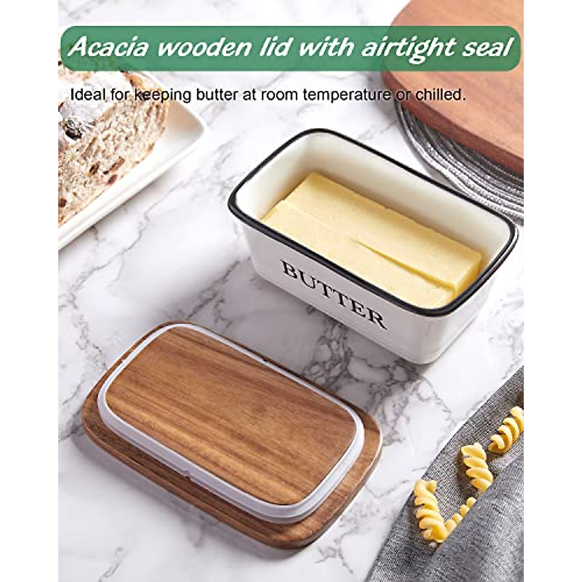 Butter Dish with Lid for Countertop - Large Ceramic Butter Container Holder with Acacia Wooden Lid for Counter - For Modern Kitchen Decor and Accessories - White