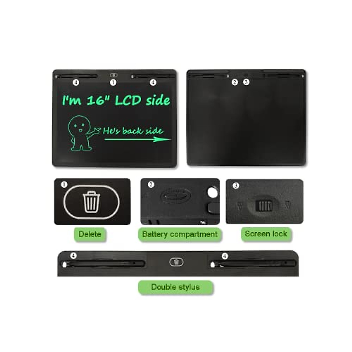 Large LCD Writing Tablet 16 Inch Screen 4 Adult & Kid, Standalone Electronic Graphic Drawing & Doodle Pad No Computer Needed, Erasable Message Board w 2 Styluses, (Black Case, Green Writing Color)