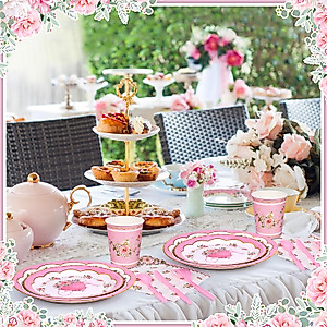 400 Pcs Tea Party Plates and Cups and Napkins Sets Flower Plates and Napkins Party Supplies Tea Party Decorations Disposable Dinnerware Set for Birthday, Baby Shower, Wedding, Bridal Shower
