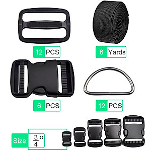 3/4 Inch Buckles Straps Set 6 Yards 3/4 Inch Black Nylon Webbing Strap 6 Pcs Plastic Buckle Dual Adjustable 12pcs Tri-glide Slide Clip Metal D Rings