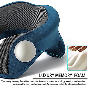 SREOZ Memory Foam Neck Pillows for Travel,Adjustable Travel Neck Pillow for Airplanes Travel Essentials, Ergonomic Plane Travel Pillows for Sleeping Airplane, Car, Train, Bus (Blue)