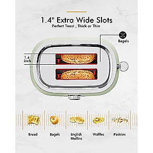 Toaster 2 Slice Stainless Steel Toaster Retro with 6 Bread Shade Settings, Bagel, Cancel, Defrost Function, Longdeem 2 Slice Toaster with Extra Wide Slot, Removable Crumb Tray, Pastel Green