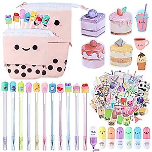 228 Pcs Kawaii Stationary Set Include Telescopic Boba Pencil Pouch Case Bag Gel Ink Pen Sticky Note Bubble Tea Sticker Pill Highlighter Stationary Cute School Supplies for Christmas Gift Kids (Vivid)