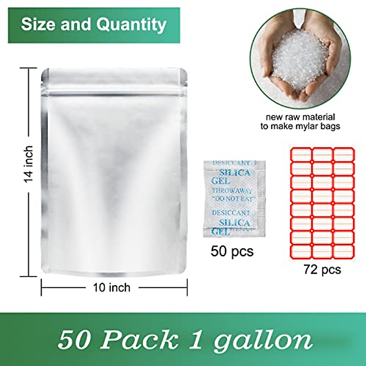 50 Pack 1 Gallon Mylar Bags for Food Storage with with Oxygen Absorbers, 4.7 Mil Mylar Storage Bags 10"x 14" Stand-Up Zipper Resealable Bags for Grains Legumes and Long Term Food Storage