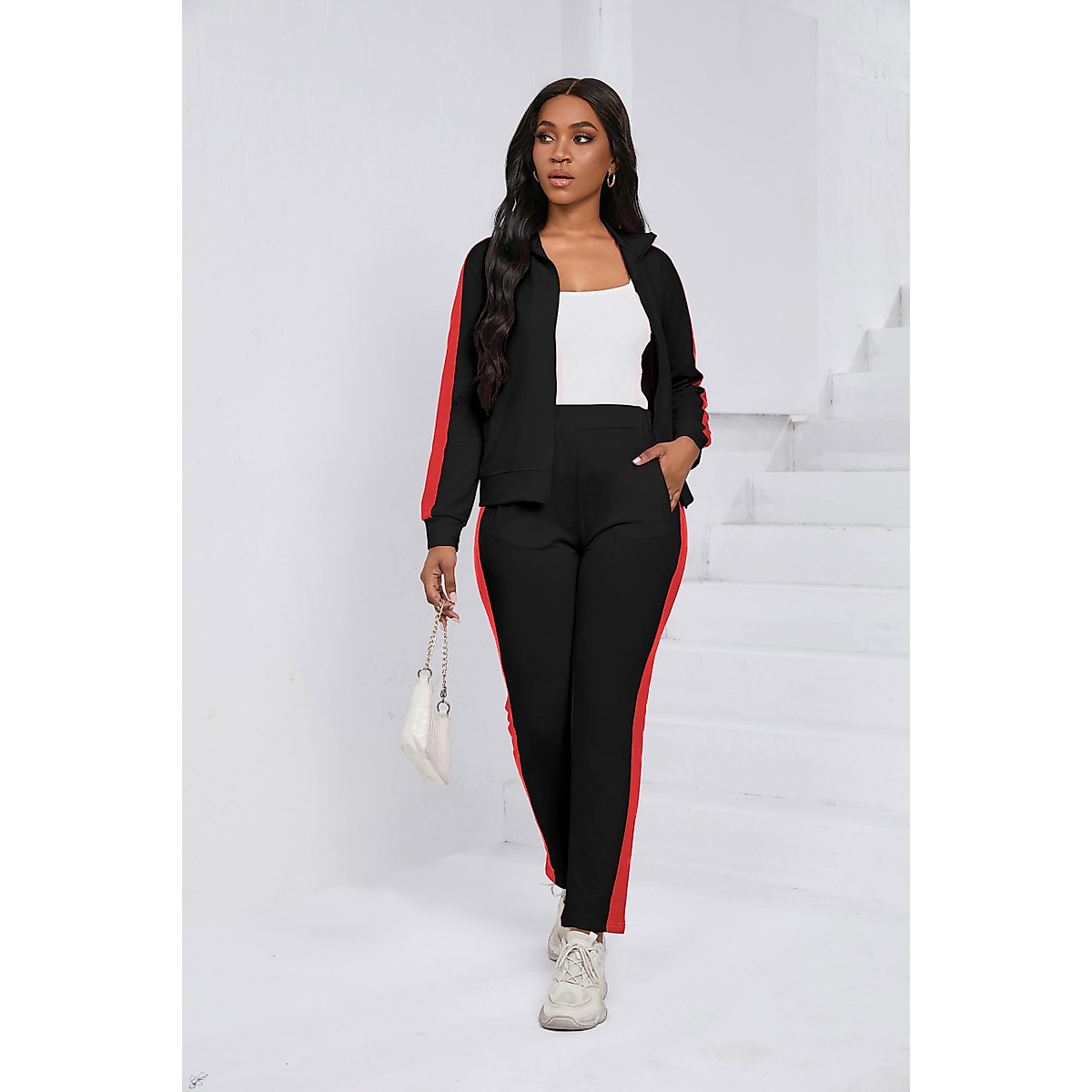 PINSV Womens Tracksuit Two Piece Outfits Long Sleeve Zip Up Jacket Jogger Casual Sweatsuit Matching Sets Track Suits Black Red XL