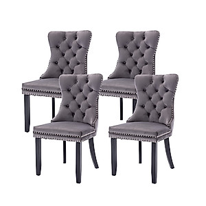 Virabit Tufted Dining Chairs Set of 4, Velvet Upholstered Dining Chairs with Nailhead Back and Ring Pull Trim, Solid Wood Dining Chairs for Kitchen/Bedroom/Dining Room (Grey)