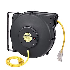 AmazonCommercial Extension Cord Reel Retractable Heavy Duty 12AWG x 80' Glow Strip Cable and LED Light-Up Triple Tap Connector