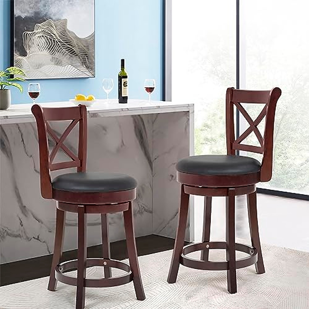 YIQIEDEY Bar Stools,Counter Bar Height Stools with X-Back,Wooden Low Back Bar Stools with 360 Degree Swivel,Kitchen Barstools with PU Leather Upholstery,Brown(39.4" H)
