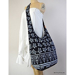 BTP! Turtle Sling Crossbody Shoulder Bag Purse Hippie Hobo Thai Cotton Gypsy Bohemian Large (Black OW1)