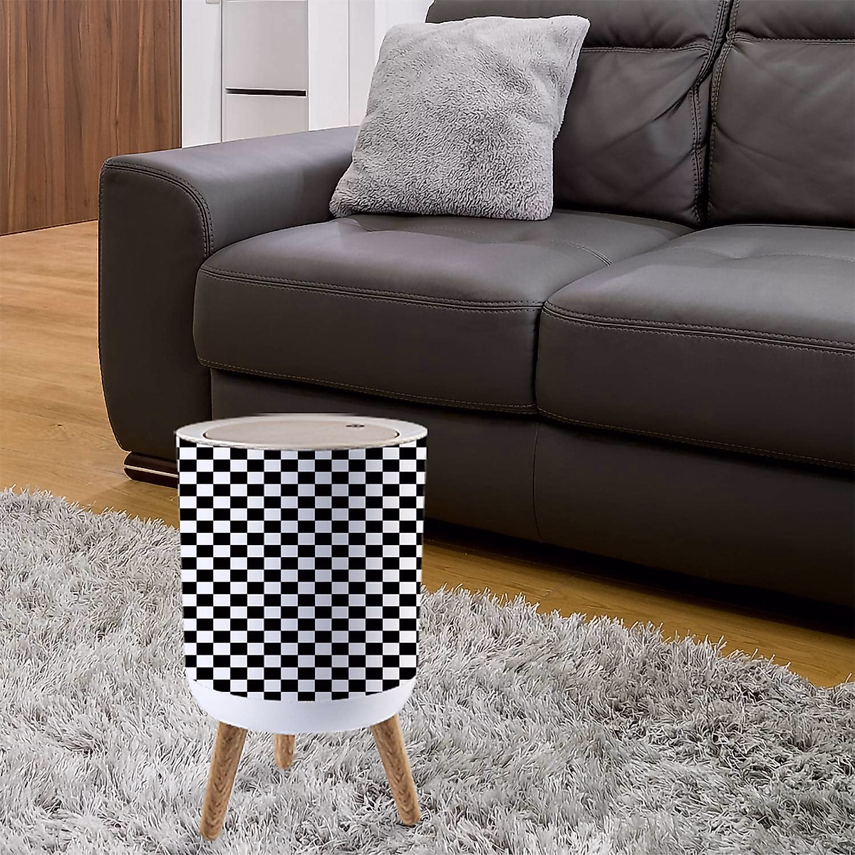 IKFLWJUTFW Small Trash Can with Lid Black and White Checkered Seamless Stock 7 Liter Round Garbage Can Elasticity Press Cover Lid Wastebasket for Kitchen Bathroom Office 1.8 Gallon