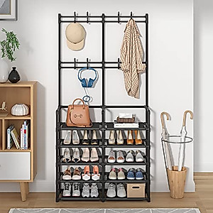 Laiensia 5-Tier Entryway Coat Rack, Coat and Shoe Rack, Entryway Bench Storage Organizer with 8 Hooks for Bedroom, Hallway, Office, Black