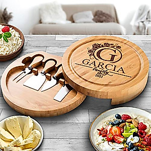 Round Charcuterie Board, Wooden Meat & Cheese Tray Platter, Monogrammed Board with Initial, Engagement Gifts for Newlywed Couples, Corporate