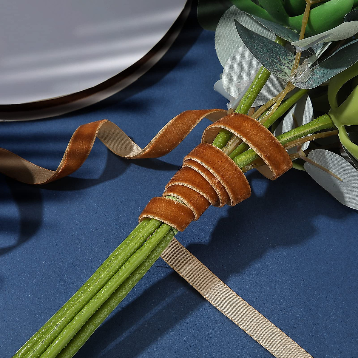 Christmas Wired Velvet Ribbon with Gold Edge Velvet Waterproof Ribbon Wrapping Velvet Decoration Ribbon for Xmas Wreath Bows Floral Craft Ornaments(Khaki,3/8 Inch x 20 Yard)