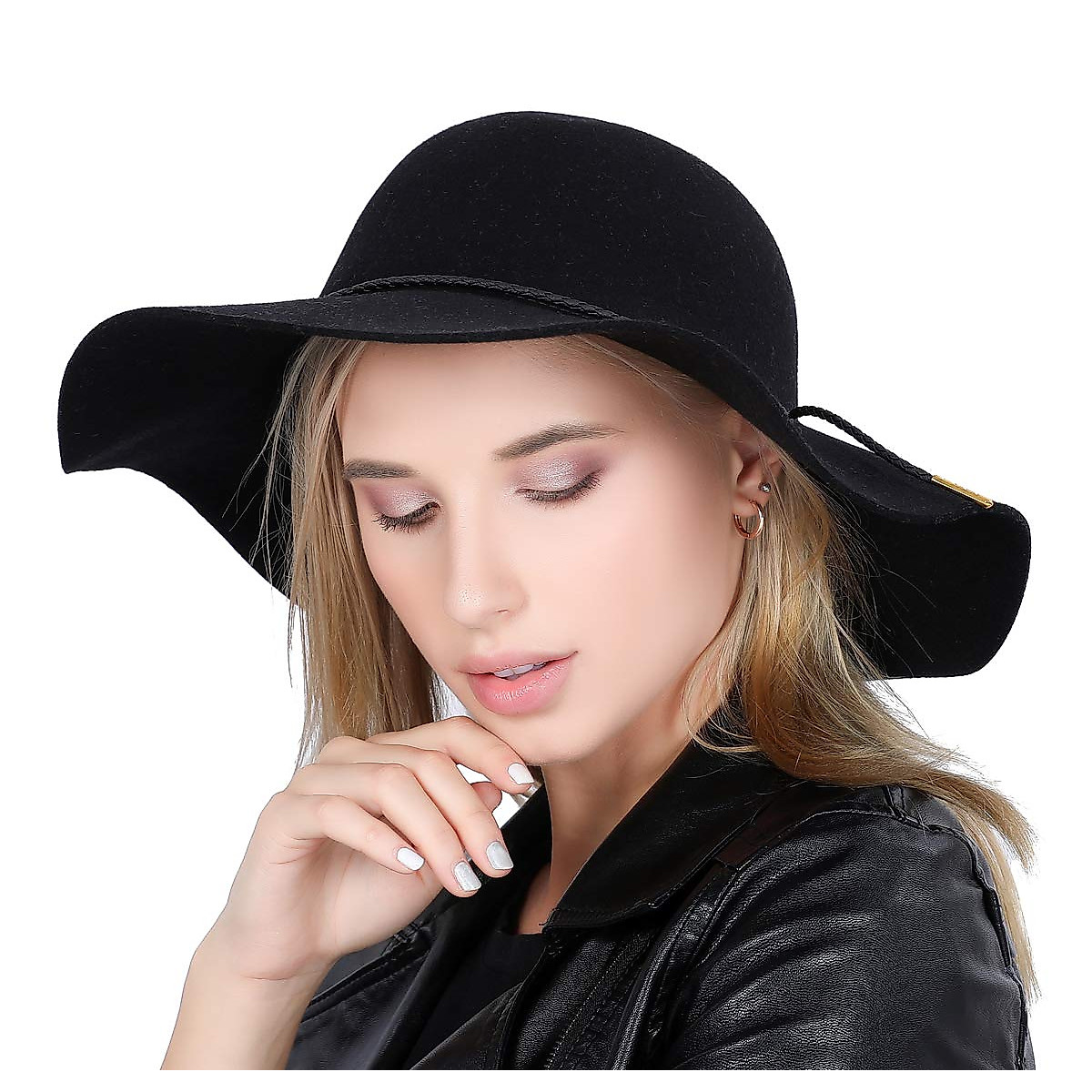 Lanzom Women Lady Retro Wide Brim Large Floppy Panama Hat Belt Wool Fedora Hat (A-Black, One Size)