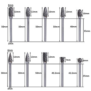 Double Cut Carbide Rotary Burr Set - 10 Pcs 1/8" Shank, 1/4" Head Length Tungsten Steel for Woodworking,Drilling, Metal Carving, Engraving, Polishing