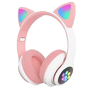 Cute Cat Headphone with Wireless BT Noise Cancelling Microphone & LED Lights- Pink