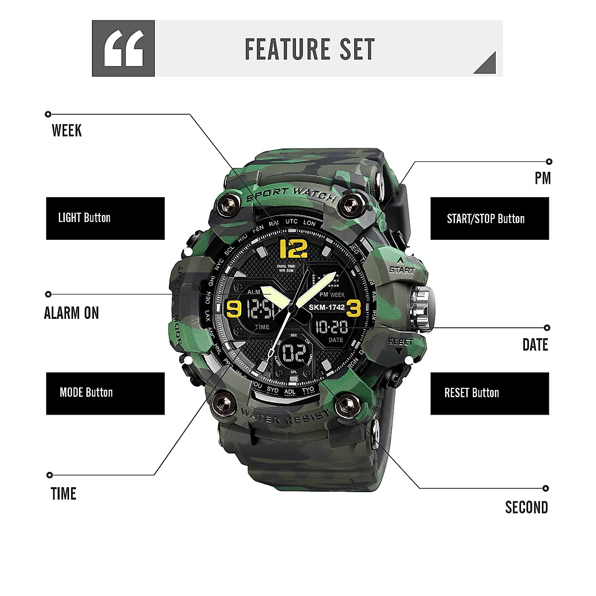 Dayllon Mens Digital Sports Watch 50M Waterproof Military Backlight Stopwatch Countdown Watches 1742 Green