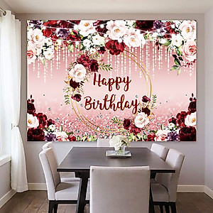 Sensfun Floral Happy Birthday Backdrop Burgundy Flowers Rose Gold Glitter Bokeh Spots Photo Background Vinyl Women Birthday Party Cake Table Decorations Photoshoot Banner (7x5ft)