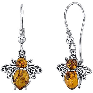 Peora Genuine Baltic Amber Bee Earrings for Women 925 Sterling Silver, Dainty Drops for Women, Rich Cognac Color, Fish Hook