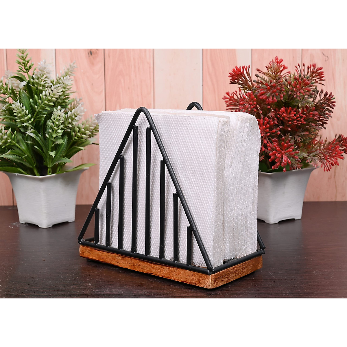 EDHAS Iron Triangle Design Black Napkin Holder with Mango Wood Base for Tables, Countertop, Kitchen & Dining Room Décor (6" x 3" x 5.5")