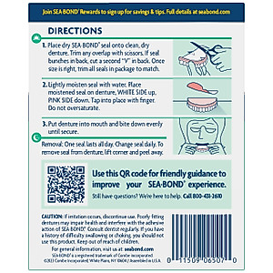 Sea Bond Secure Denture Adhesive Seals, Fresh Mint Uppers, Zinc Free, All Day Hold, Mess Free, 30 Count
