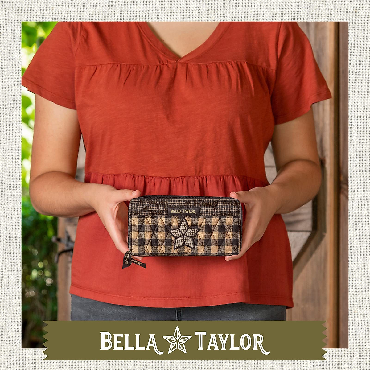 Bella Taylor Slim Card Wallet for Women | Multi Card Zip Around Wallet with RFID Protection | Quilted Cotton Farmhouse Star Black and Tan Cotton Check