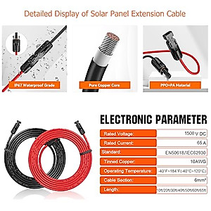 10AWG Solar Extension Cable 10 Feet, 10 Gauge Solar Panel Cables 10FT for Solar Systems, Car, RVs, and Boats, Tinned Copper PV Wire Ends with Solar Connector (10ft Red+10ft Black)