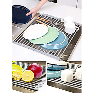Ohuhu Over Sink Dish Drying Rack, 2 Pack Roll Up Drying Rack 17" L x 13" W Heat-Resistant Anti-Slip Silicone Coated Sink Drying Racks Mat for Kitchen Counter Organizer