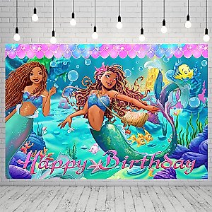 Little Mermaid 2023 Backdrop for Birthday Party Supplies Cartoon Black Mermaid Banner for Party Decorations Princess Ariel Baby Shower Photo Background 59x38in