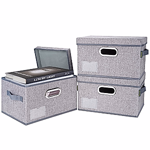 BALEINE Storage Bins with Lids, Foldable Linen Fabric Storage Boxes with Lids, Collapsible Closet Organizer Containers with Cover for Home Bedroom Office (3pack Gray Medium)